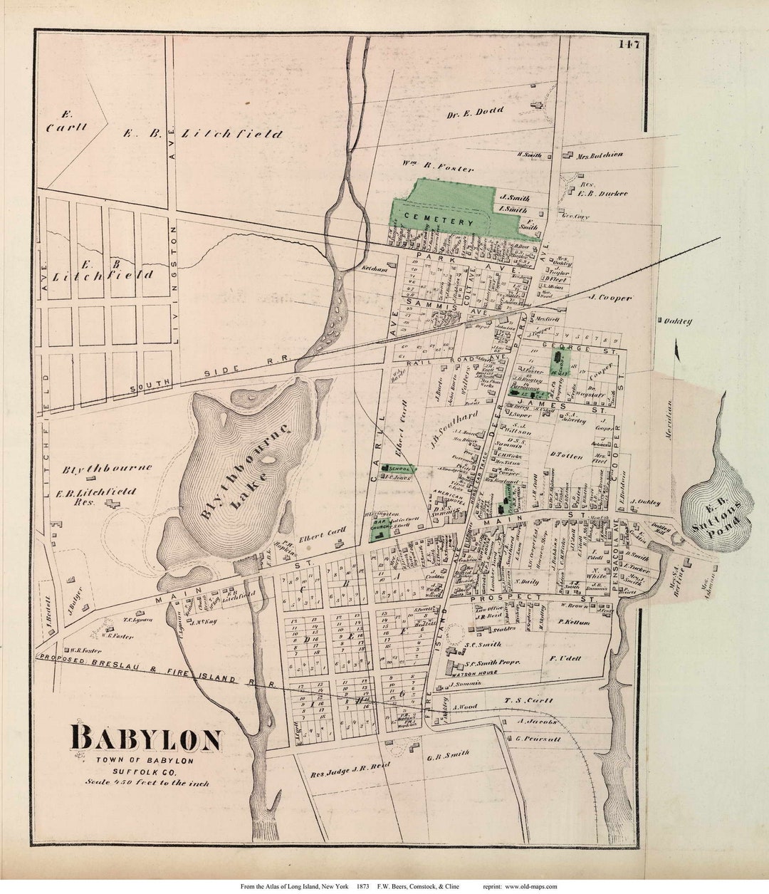 Babylon Village 1873 Old Map Long Island New York With Homeowner Names ...