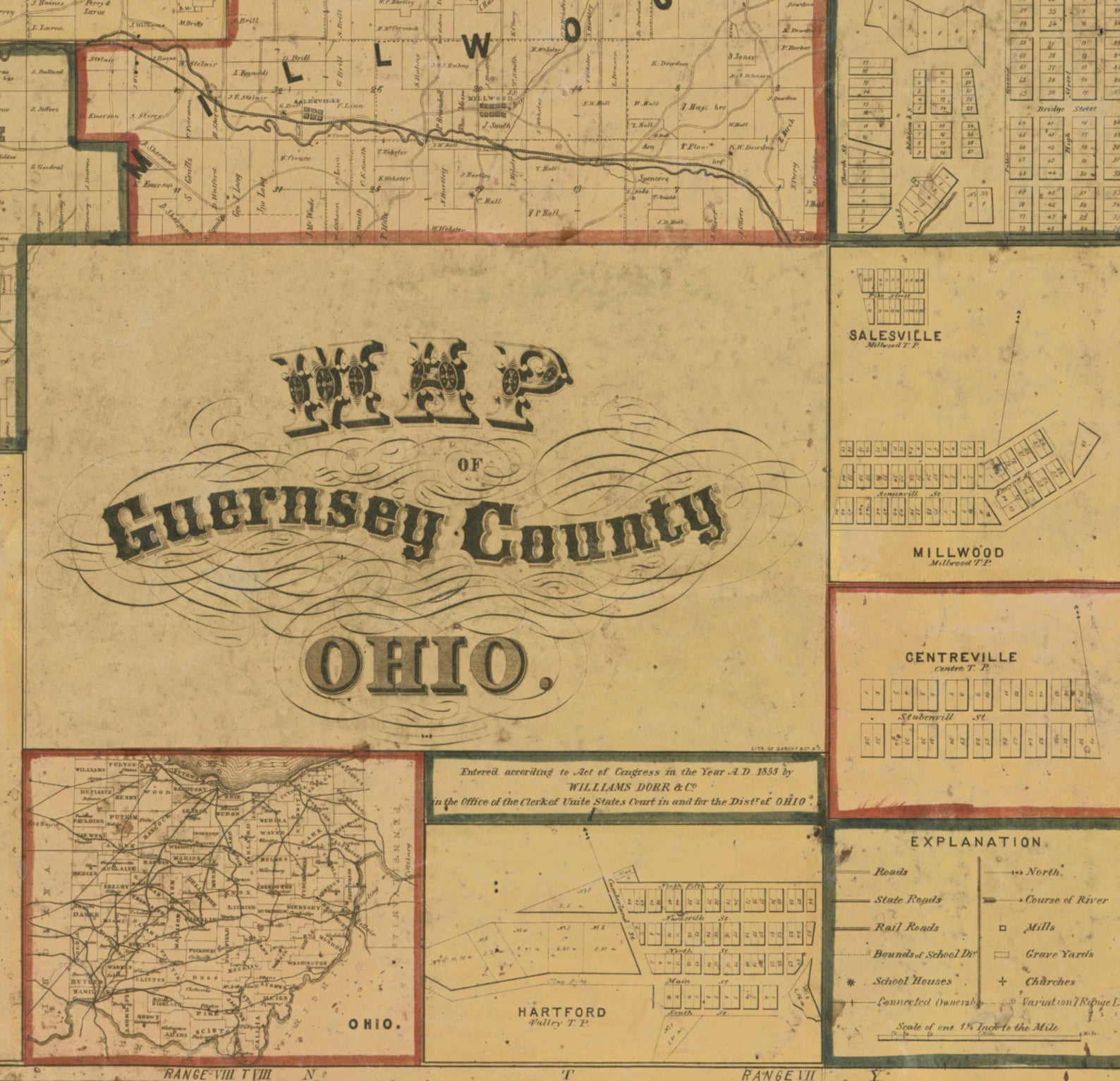 Guernsey County Ohio 1855 - Old Wall Map Reprint With Homeowner Names ...