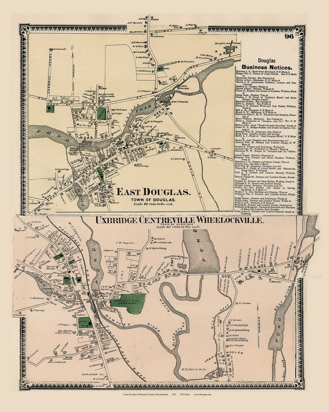 Douglas Village 1870 Old Town Map With Homeowner Names Massachusetts ...