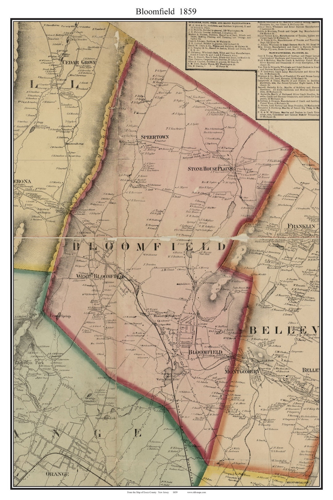 Bloomfield 1859 Old Town Map With Homeowner Names- New Jersey - Reprint ...