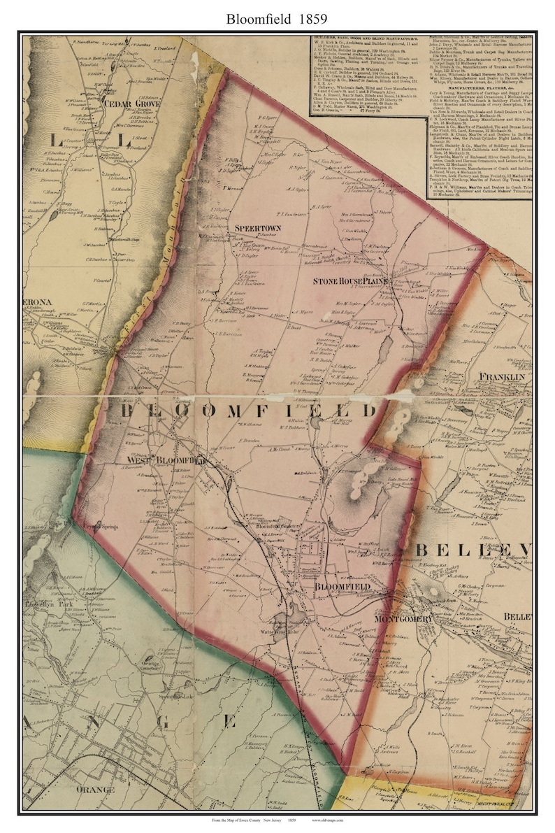 Bloomfield 1859 Old Town Map With Homeowner Names- New Jersey - Reprint ...