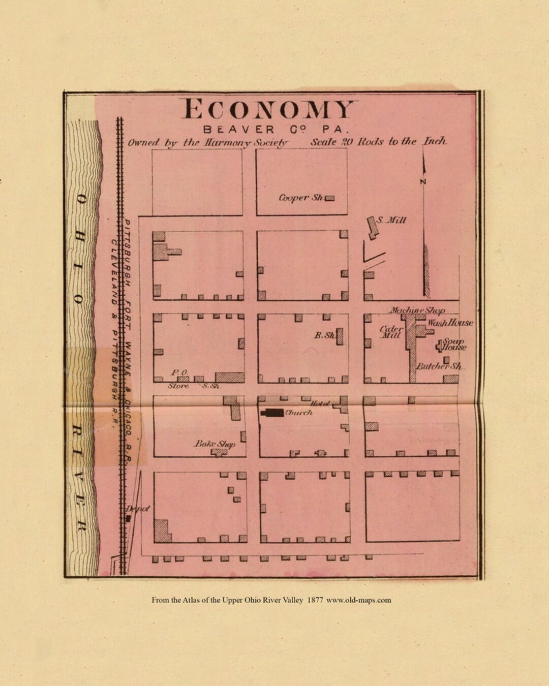 Economy 1877 Old Town Map Beaver County Pennsylvania Ohio Valley Atlas ...