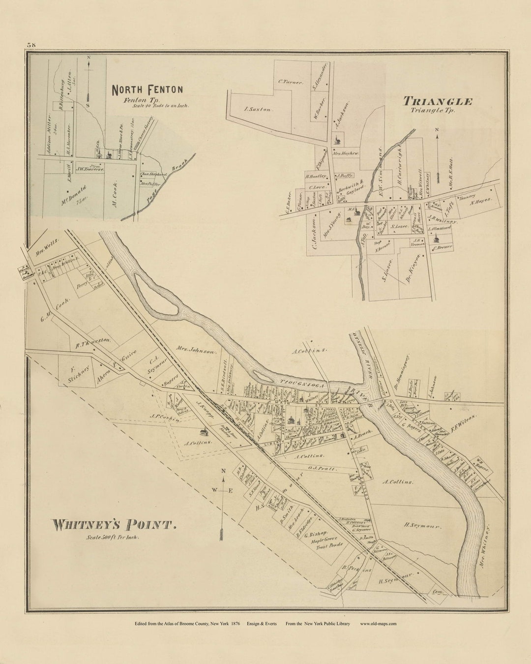 Whitneys Point - 1876 - Old Town Map Reprint, North Fenton, Triangle ...