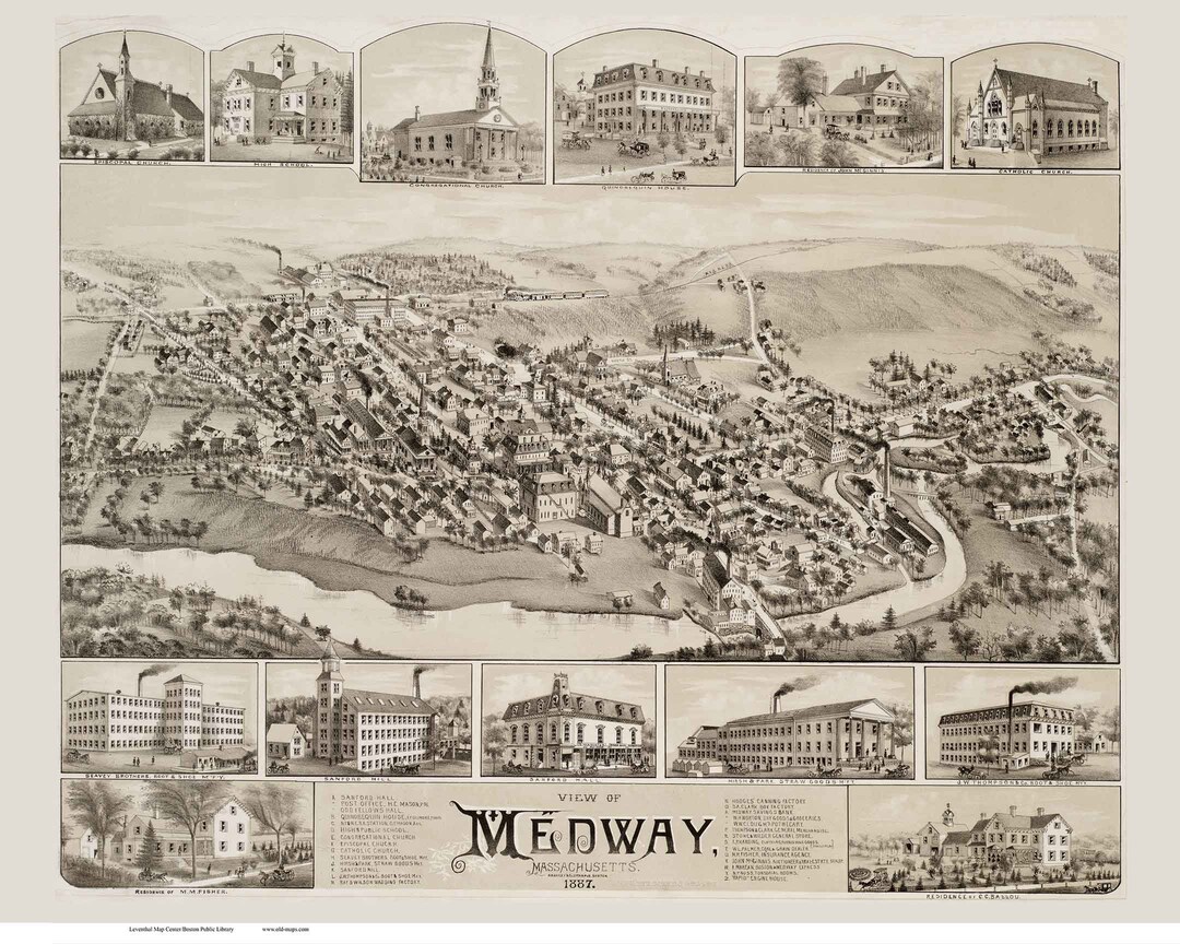 Medway Massachusetts 1887 Birds Eye View MA Reprint - Etsy