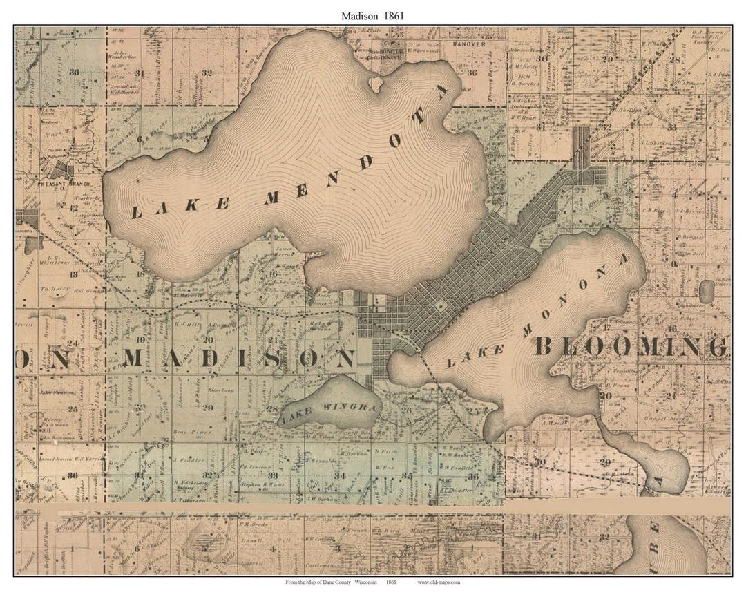 Madison 1861 - Old Town Map With Homeowner Names - Wisconsin - Reprint ...