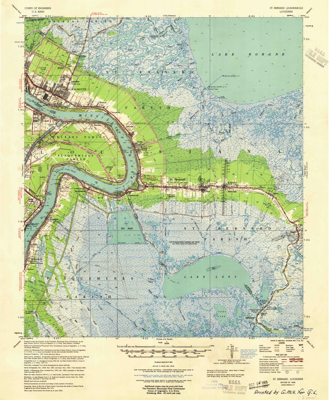 St Bernard 1955 Old Topo Map Chalmette Lake Lery Belle Chasse St Clair ...