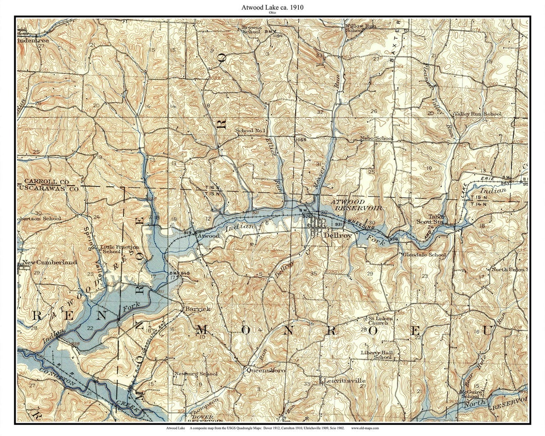 Atwood Lake 1910 Old Topographic Map USGS - Reservoir - Monroe - Custom ...