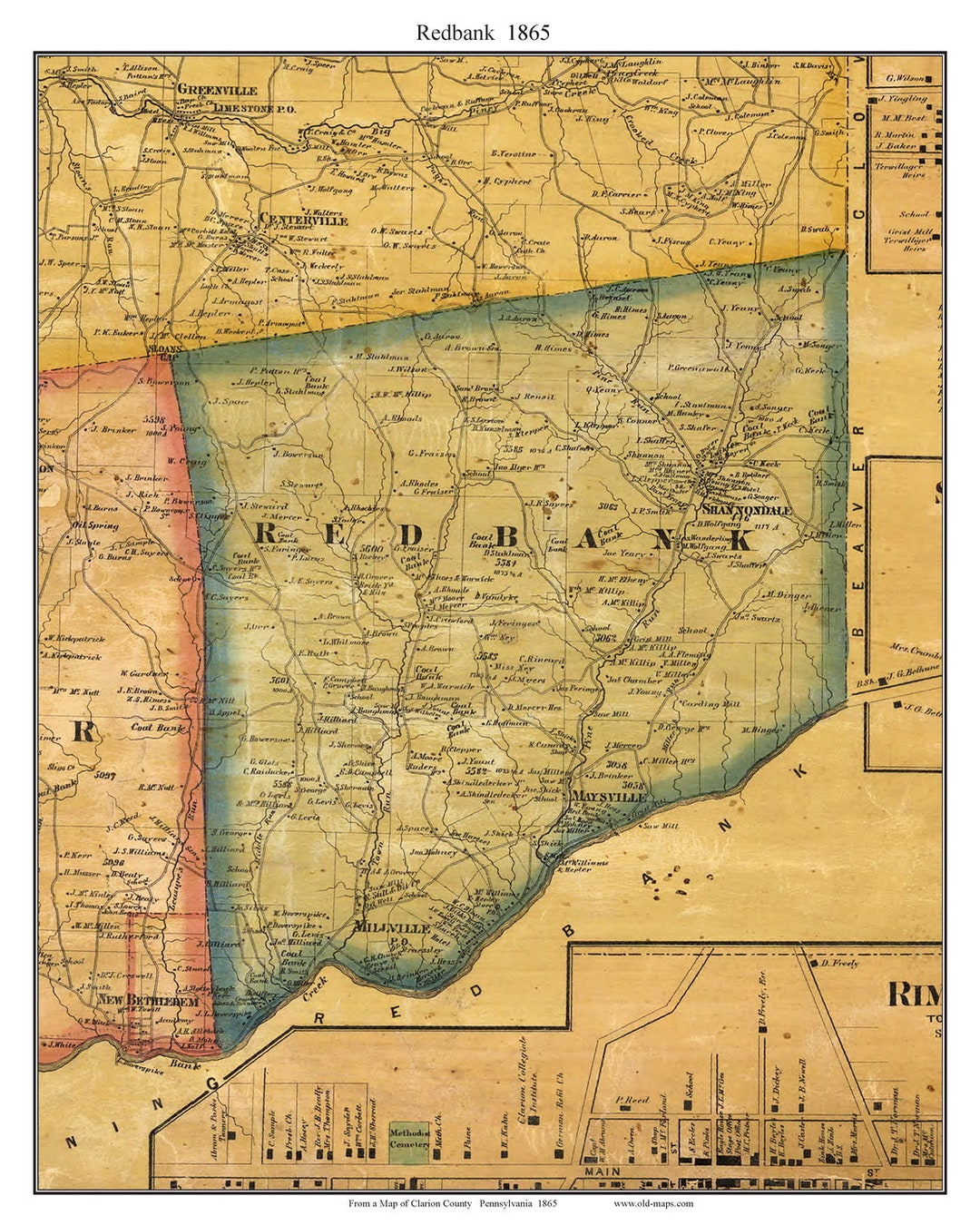 Redbank Township 1865 Old Town Map With Homeowner Names - Pennsylvania ...