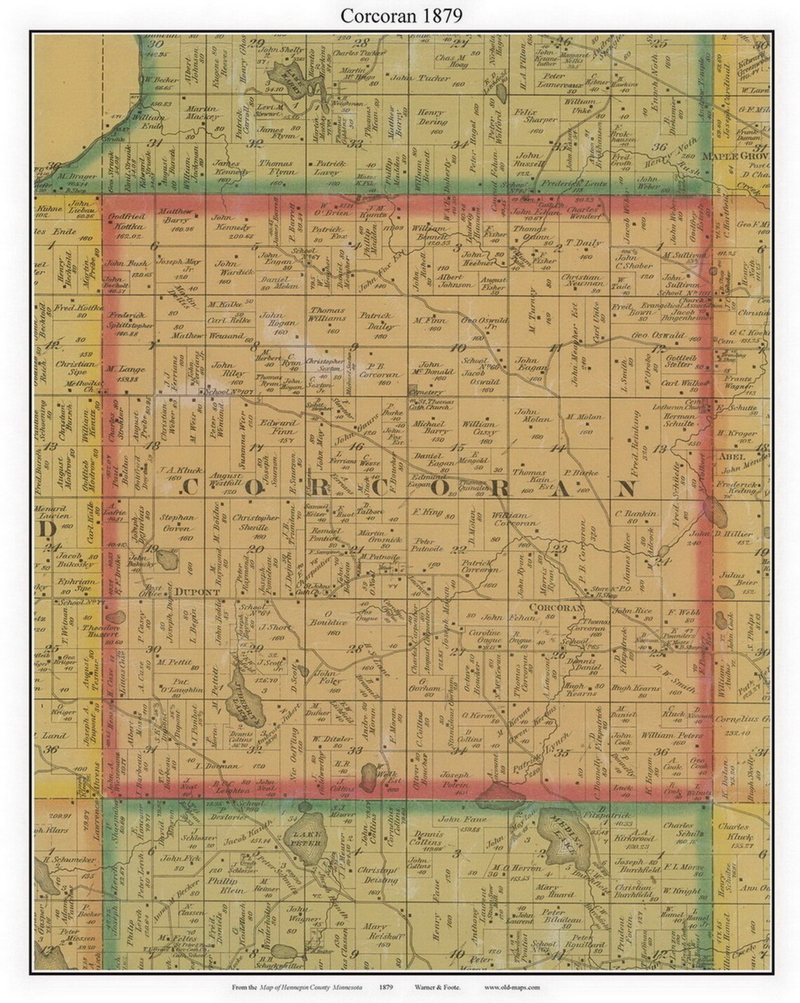 Corcoran 1879 Old Town Map With Homeowner Names Minnesota Reprint ...