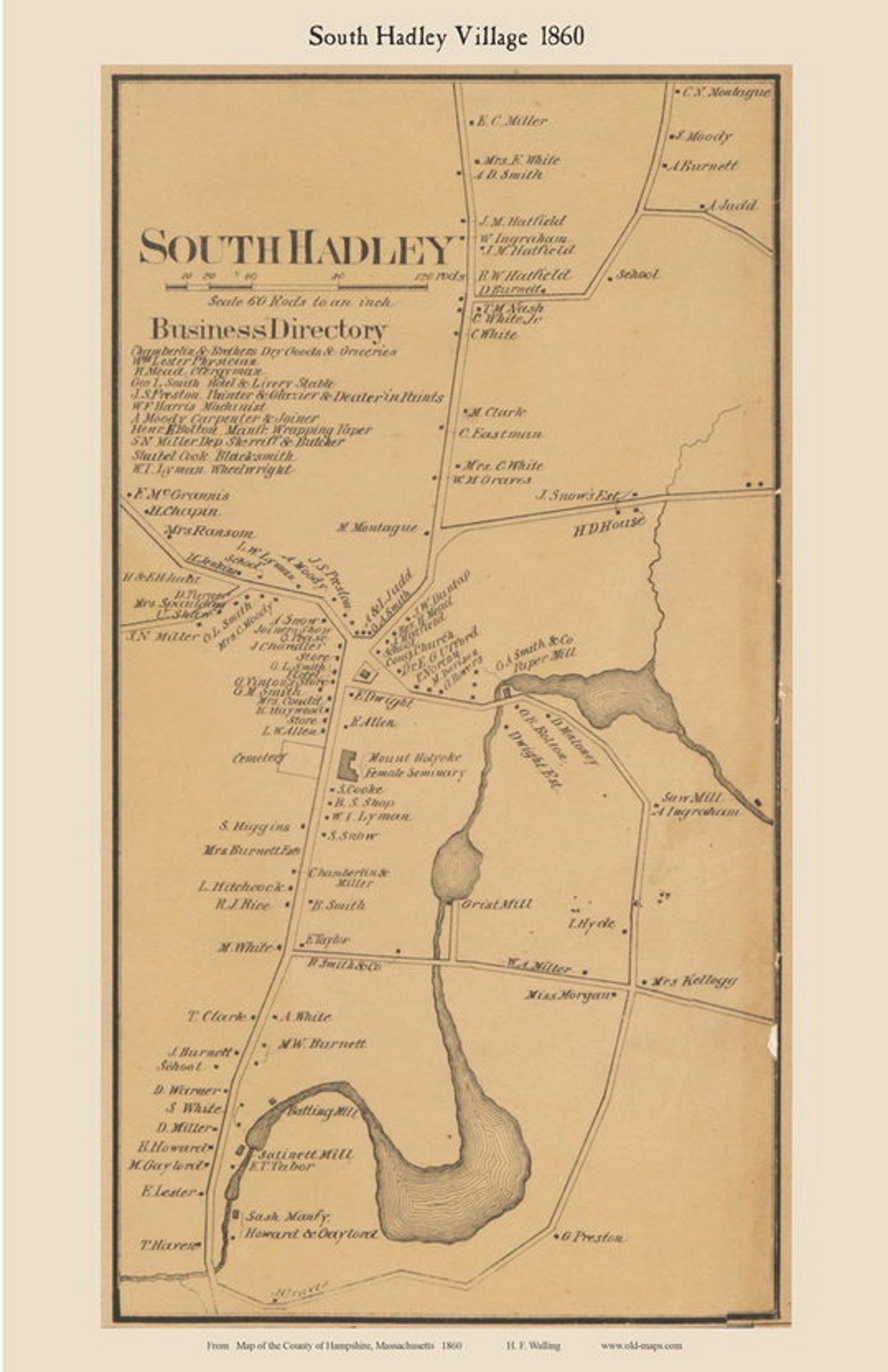 South Hadley Village 1860 Old Town Map With Homeowner Names | Etsy