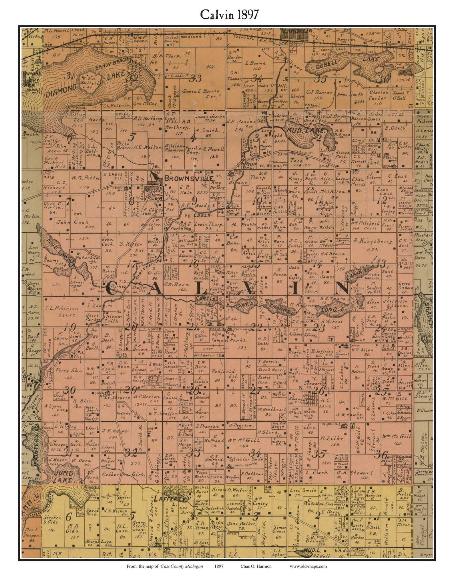 Calvin 1897 Old Town Map With Homeowner Names - Brownsville - Juno Lake ...