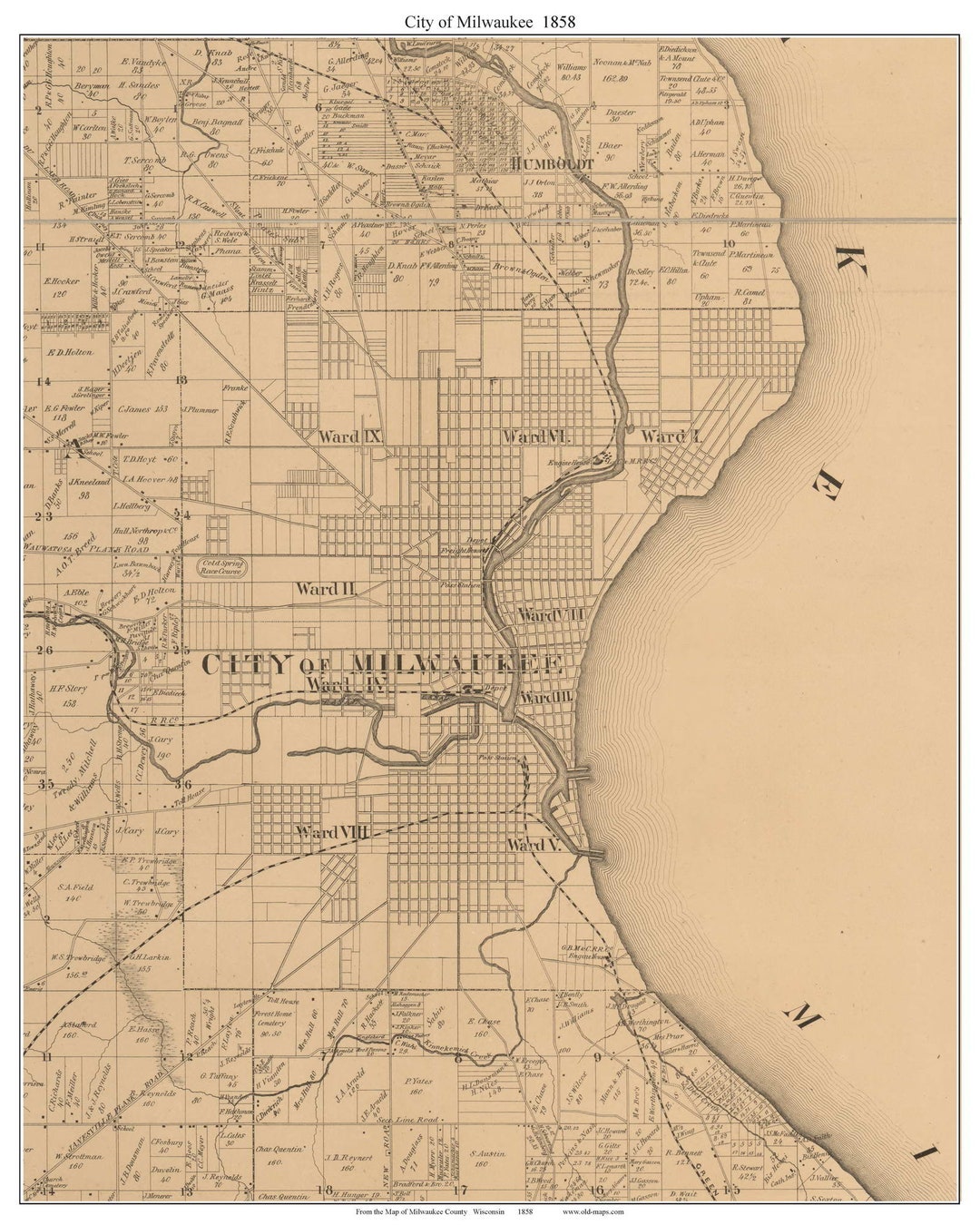 Milwaukee City 1858 - Old Town Map - Wisconsin - Reprint Genealogy ...