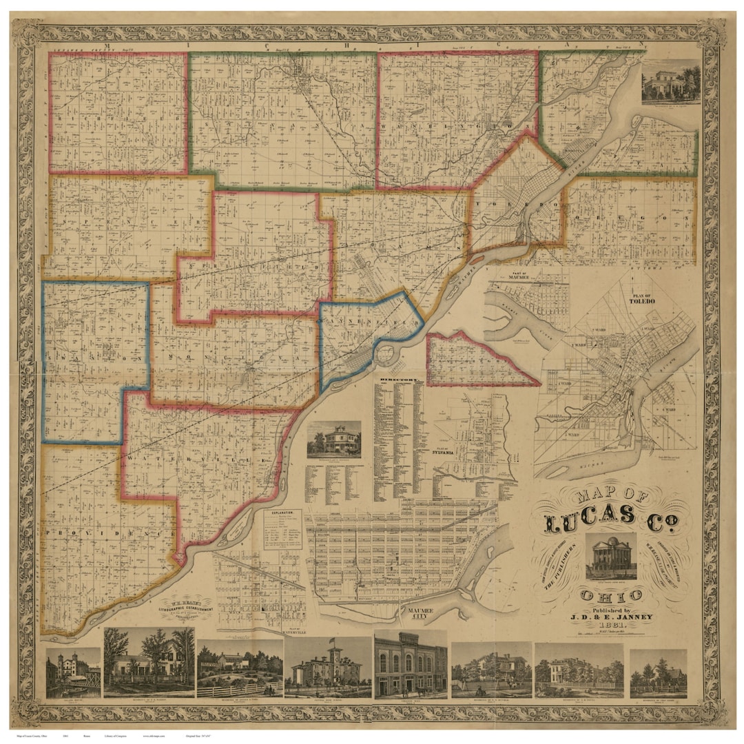 Lucas County Ohio 1861 - Old Wall Map Reprint With Homeowner Names ...