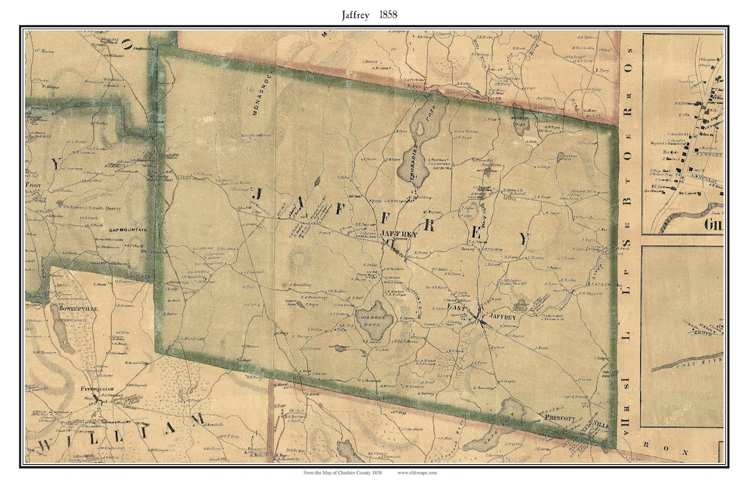 Jaffrey 1858 Old Town Map With Homeowner Names New Hampshire Gilmore ...