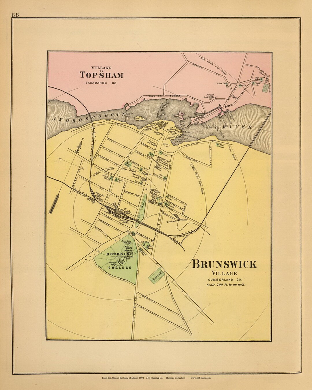 Brunswick Topsham 1894 Old Map Reprint Maine State Atlas Stuart 035 - Etsy