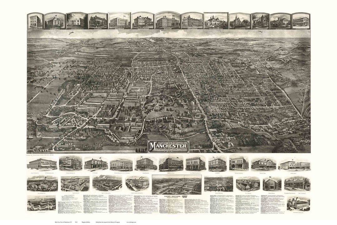 Manchester Connecticut 1914 Birds Eye View CT Reprint - Etsy
