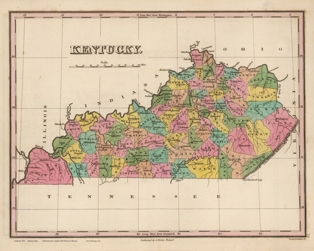 Kentucky 1824 - State Map Finley - Old Map Reprint - Etsy