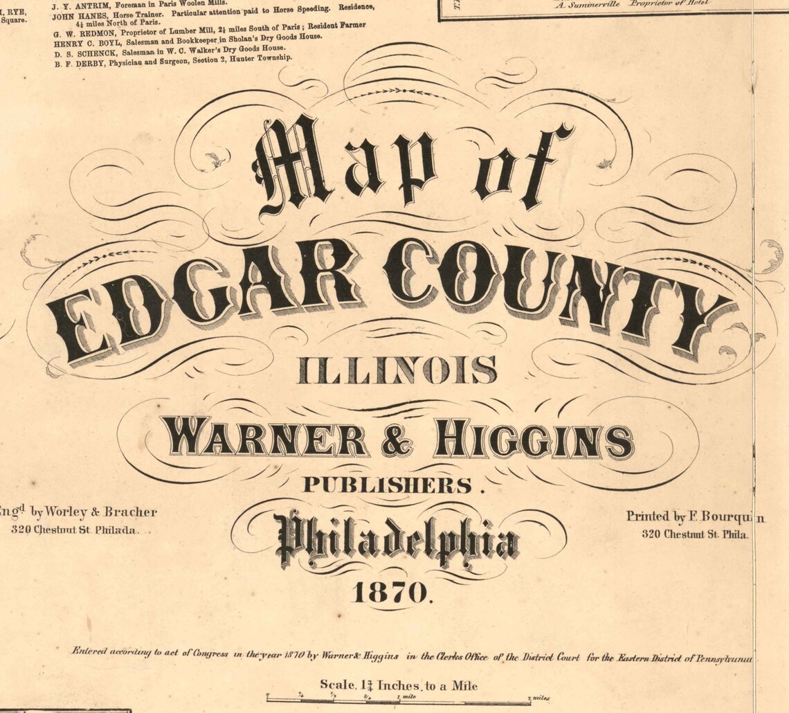 Edgar County Illinois 1870 - Old Wall Map Reprint With Homeowner Names ...