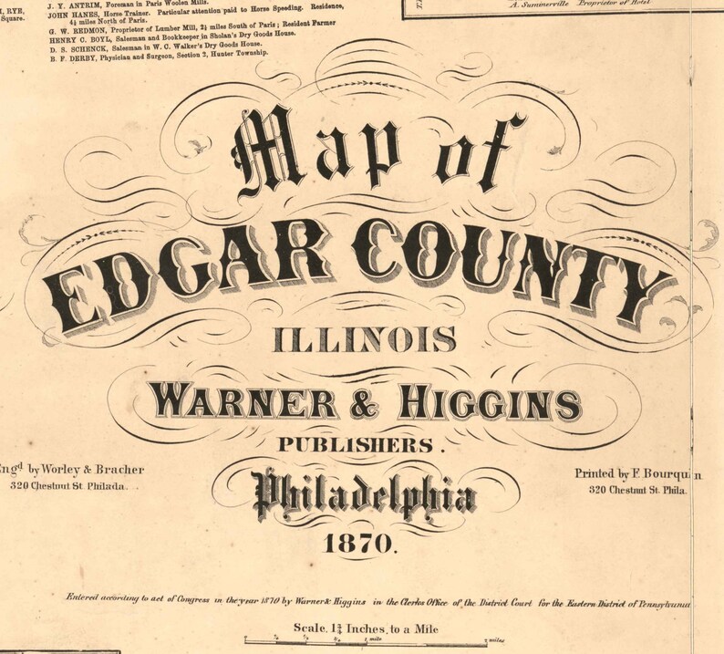 Edgar County Illinois 1870 Old Wall Map Reprint With - Etsy