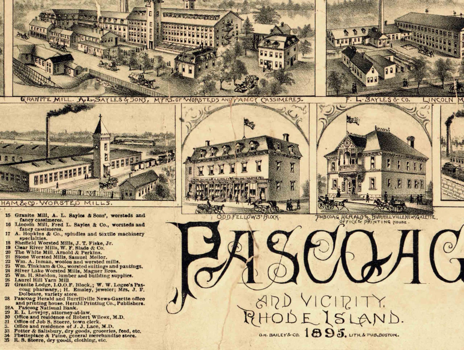 Pascoag Rhode Island - 1895 Birds Eye View - O.H. Bailey & Co. Reprint ...