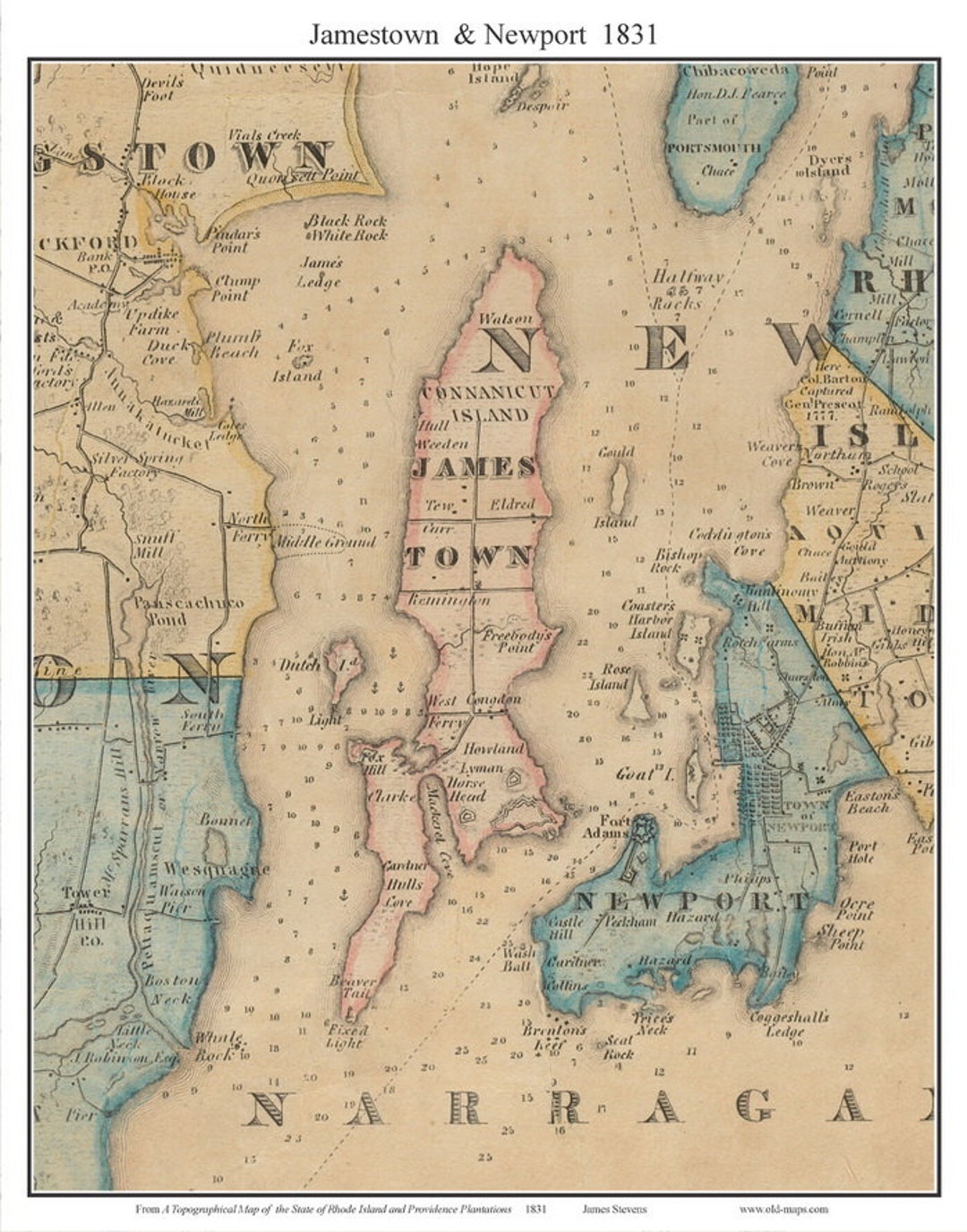 Jamestown and Newport 1831 Old Town Map - Rhode Island Reprint State RI ...