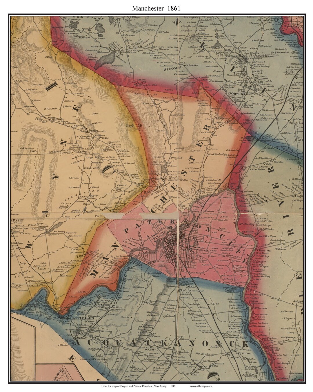 Manchester 1861 Old Town Map With Homeowner Names Paterson City Haledon ...