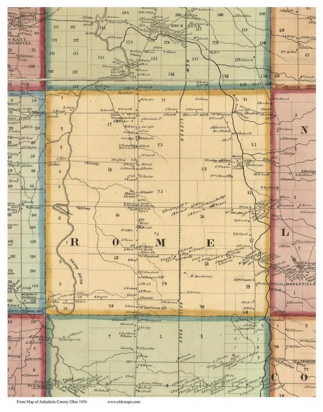 Rome 1856 Old Town Map With Homeowner Names Ohio Reprint Genealogy ...
