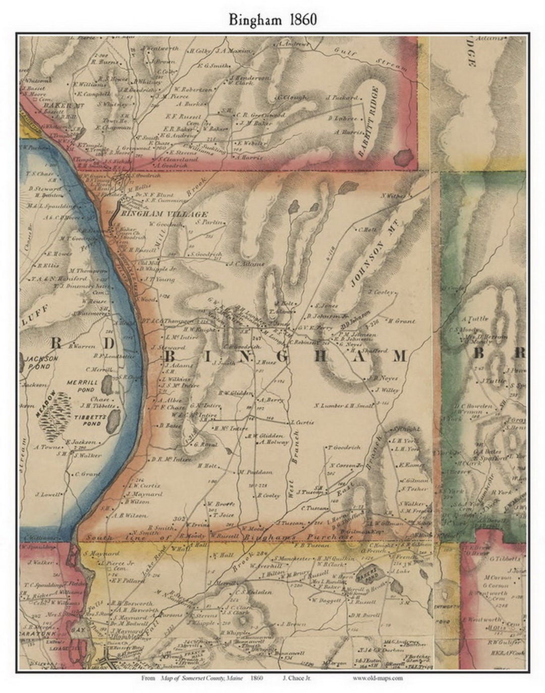 Bingham 1860 Old Town Map With Homeowner Names Maine - Reprint ...