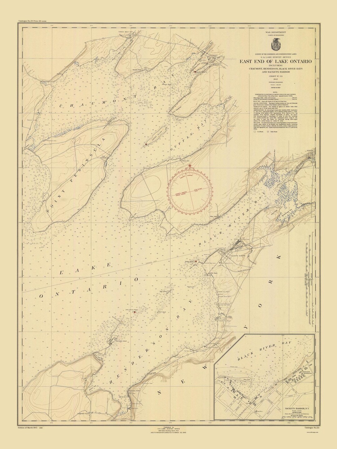 Lake Ontario - East End 1945 Nautical Map - Chaumont, Henderson, Black ...