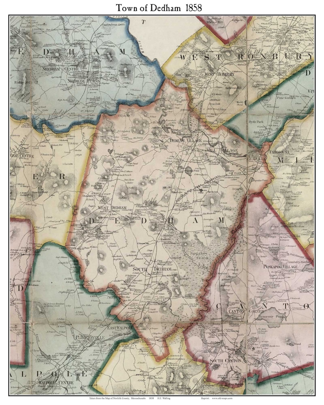 Dedham, Massachusetts 1858 Old Town Map With Homeowner Names - Reprint Norfolk County MA TM - Etsy