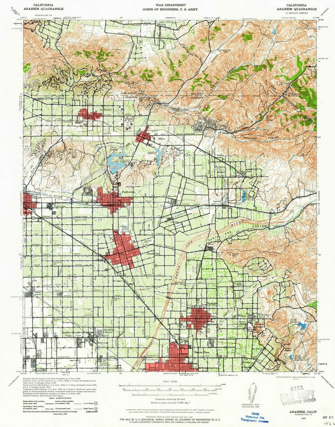 Anaheim 1942 Old Topo Map Quad Reprint 15x15 USGS Topographic ...