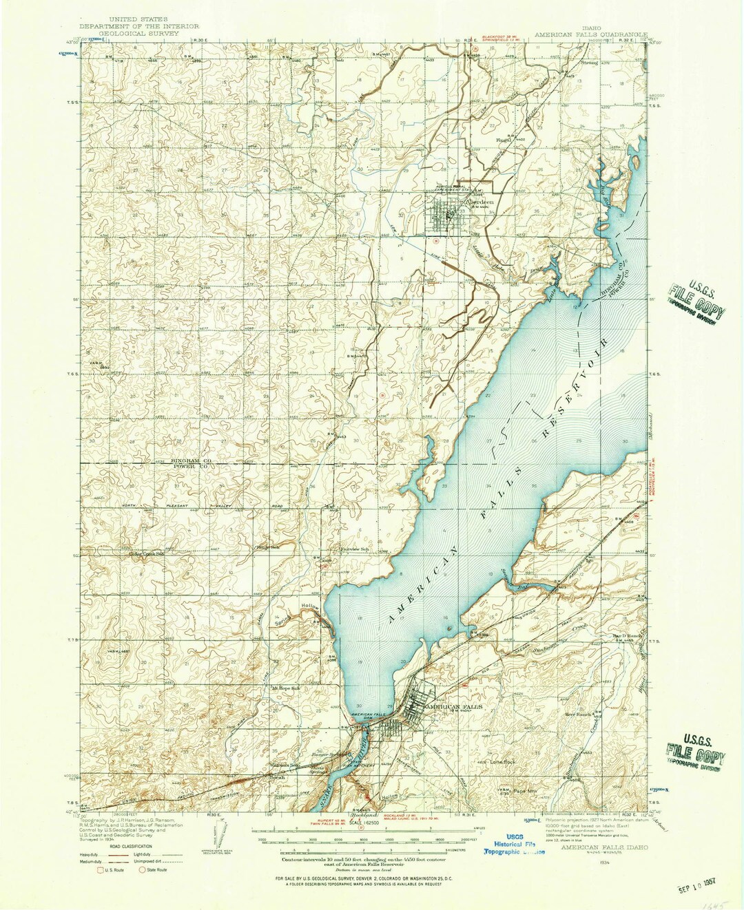 American Falls 1934 1957 Old Topo Map Aberdeen Snake River Quad Reprint ...