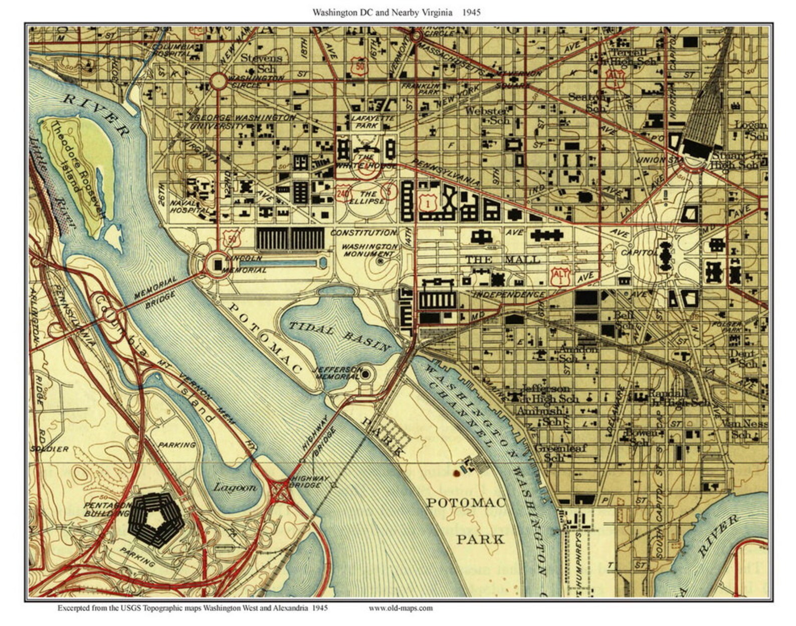 Washington DC Downtown 1945 Old Topographic Map USGS Custom | Etsy