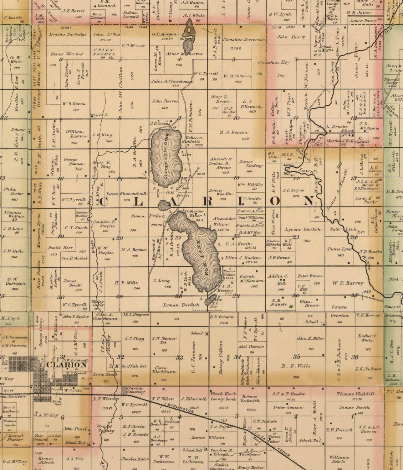 Wright County Iowa 1885 Old Wall Map With Landowner Names Farm Lines ...