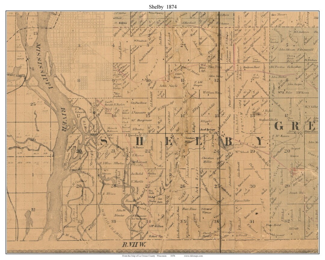 Shelby 1874 Old Town Map With Homeowner Names - Wisconsin - Reprint ...