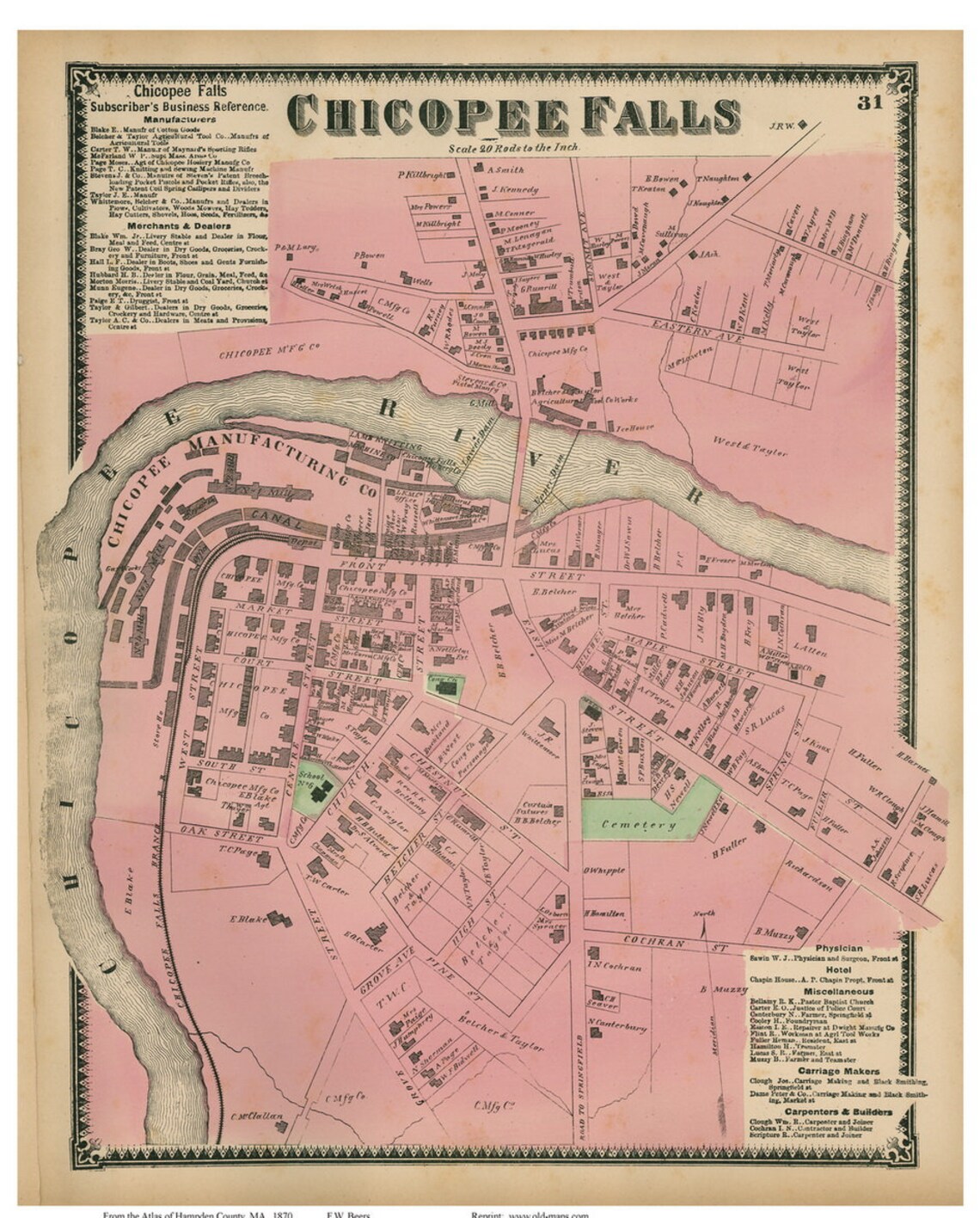Chicopee Falls 1870 Old Town Map Reprint Hampden County - Etsy