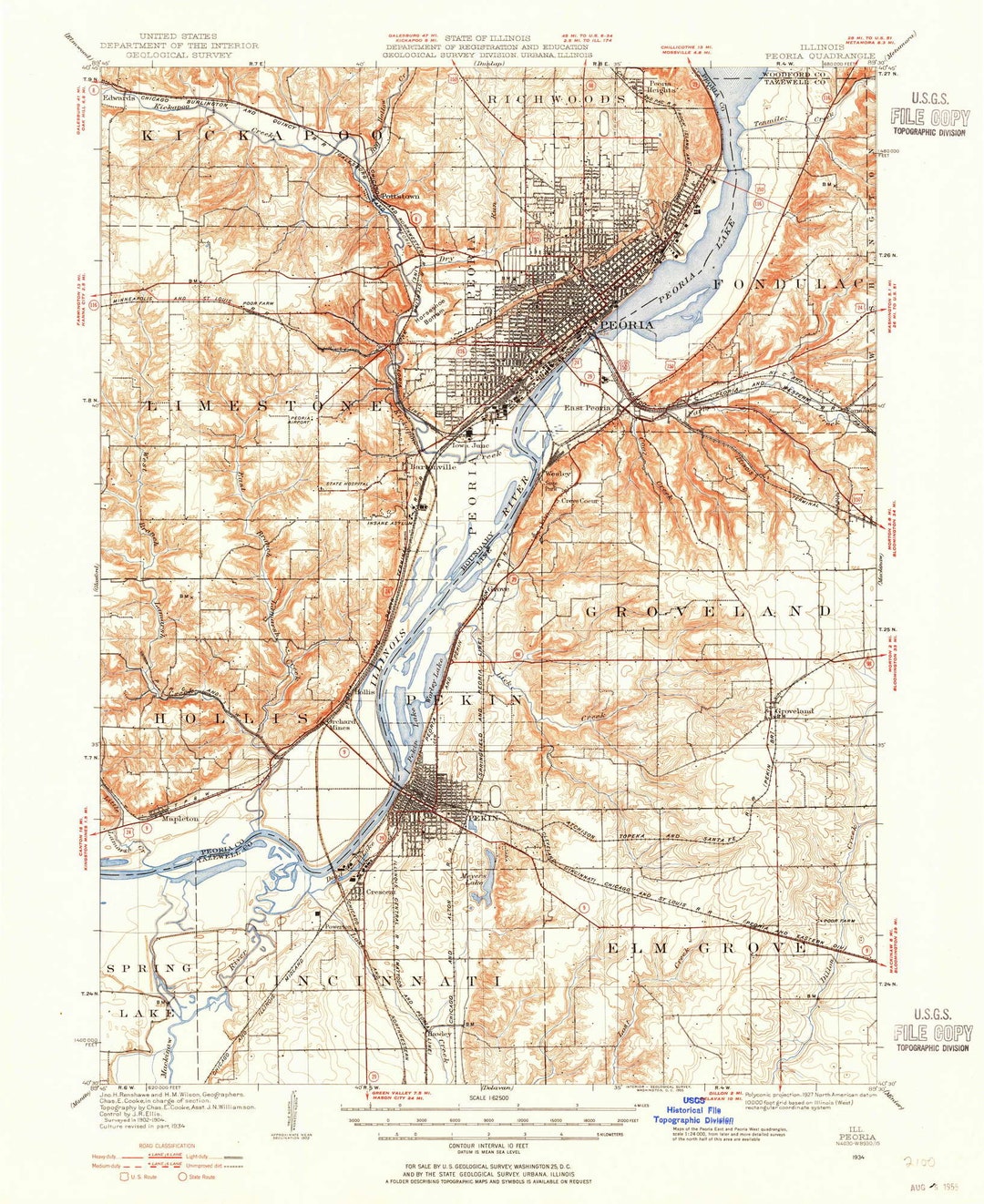 Peoria 1927 (1955) Old Topo Map - Peoria Lake - Pekin Lake - Worley ...