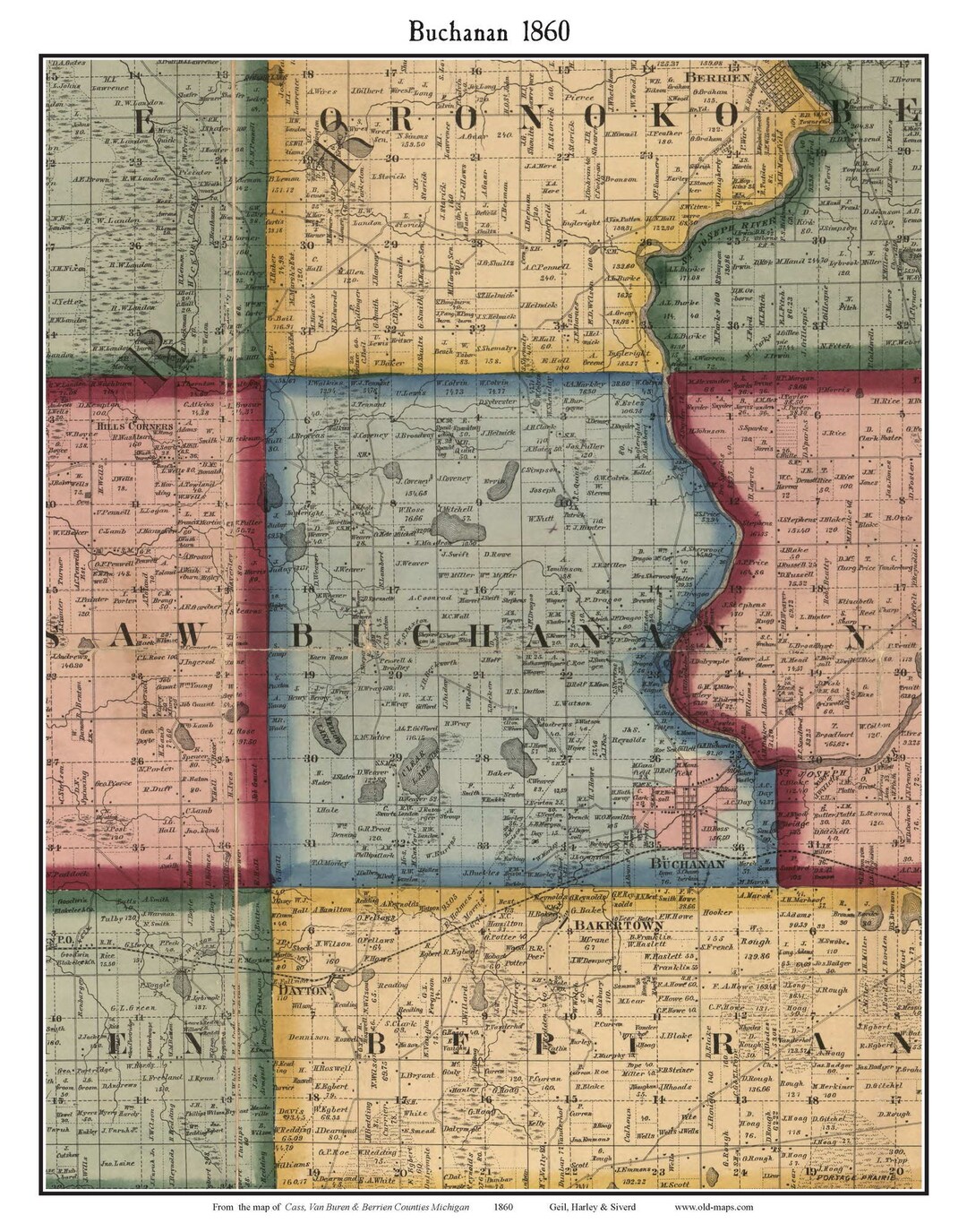 Buchanan 1860 Old Town Map With Homeowner Names - Clear Lake - Yellow ...