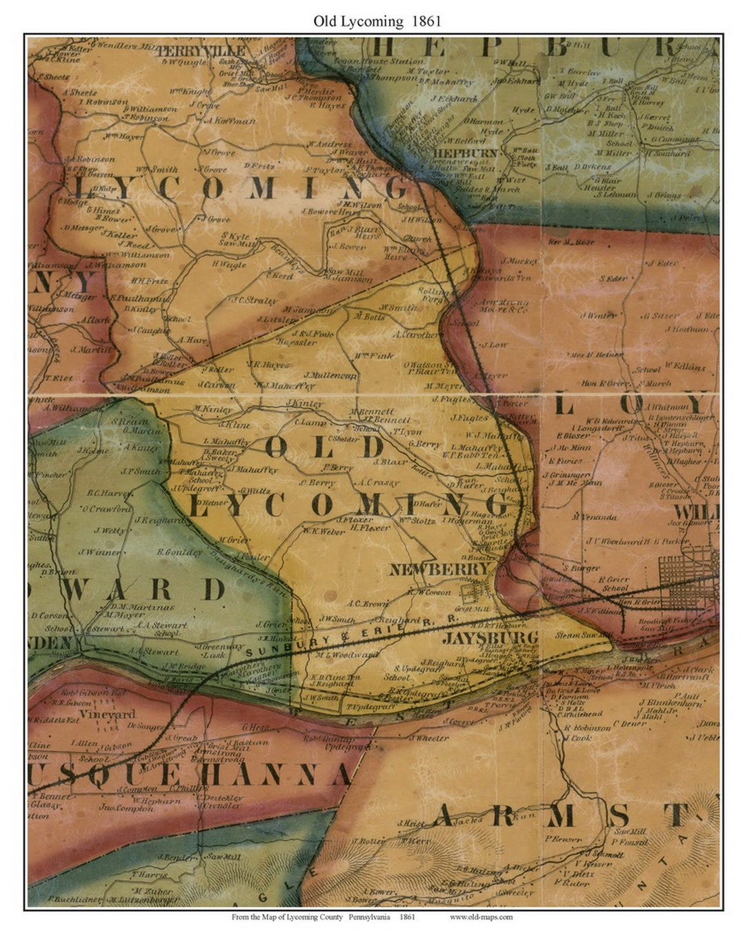 Old Lycoming 1861 Old Town Map With Homeowner Names - Pennsylvania ...