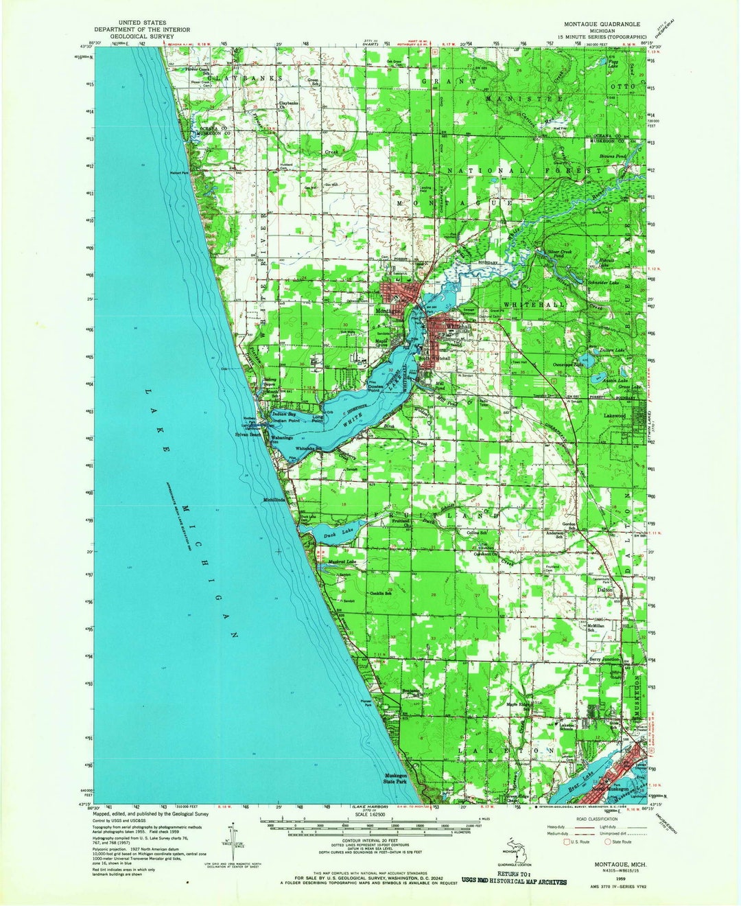 Montague 1959 1968 Old Topo Map White Lake Duck Lake North Muskegon ...