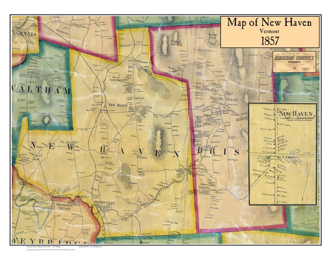 New Haven 1857 Old Town Map POSTER with Homeowner Names Vermont Reprint ...