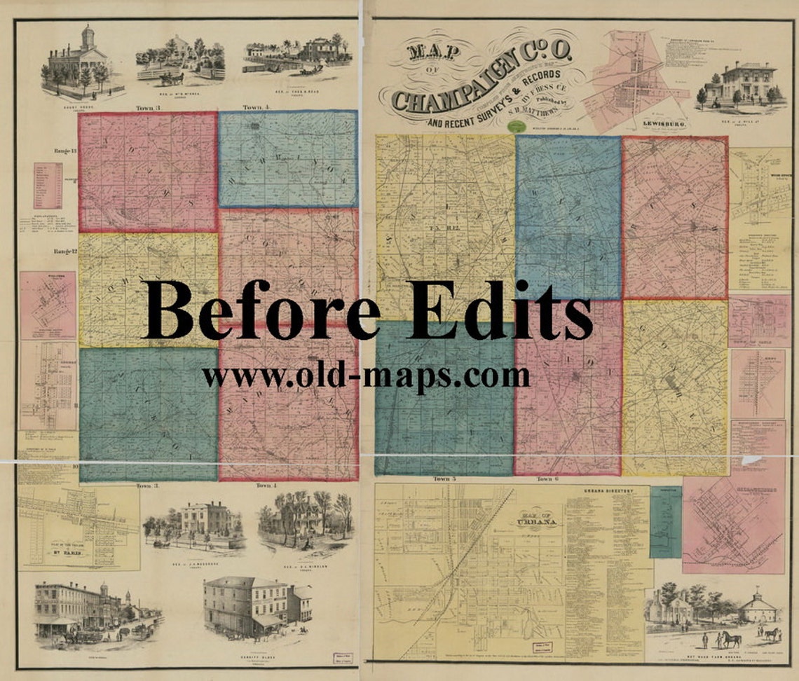 Champaign County Ohio 1858 - Old Wall Map Reprint With Homeowner Names ...