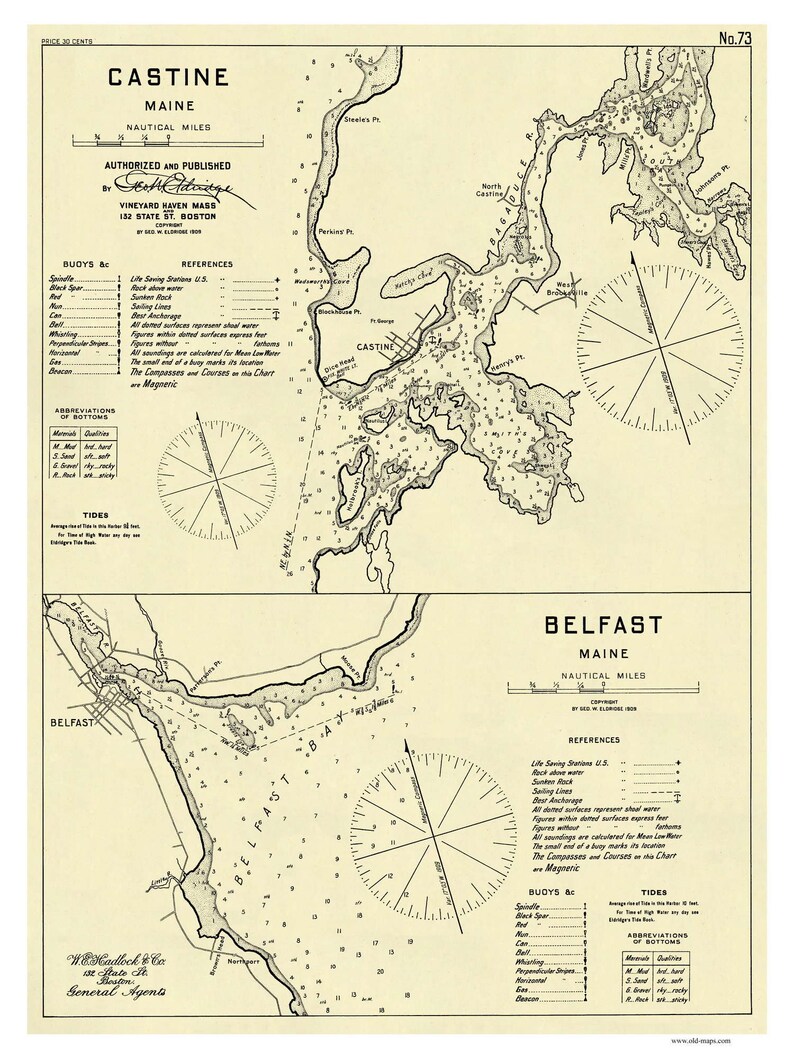 Castine, & Belfast 1909 Harbor Chart Nautical - Maine - Eldridge 73 ...