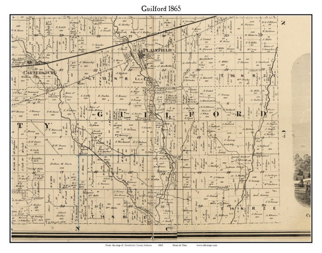 Guilford 1865 Old Town Map With Homeowner Names Indiana Plainfield ...