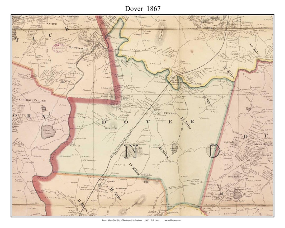 Dover, Massachusetts 1867 Old Town Map With Homeowner Names - Reprint ...