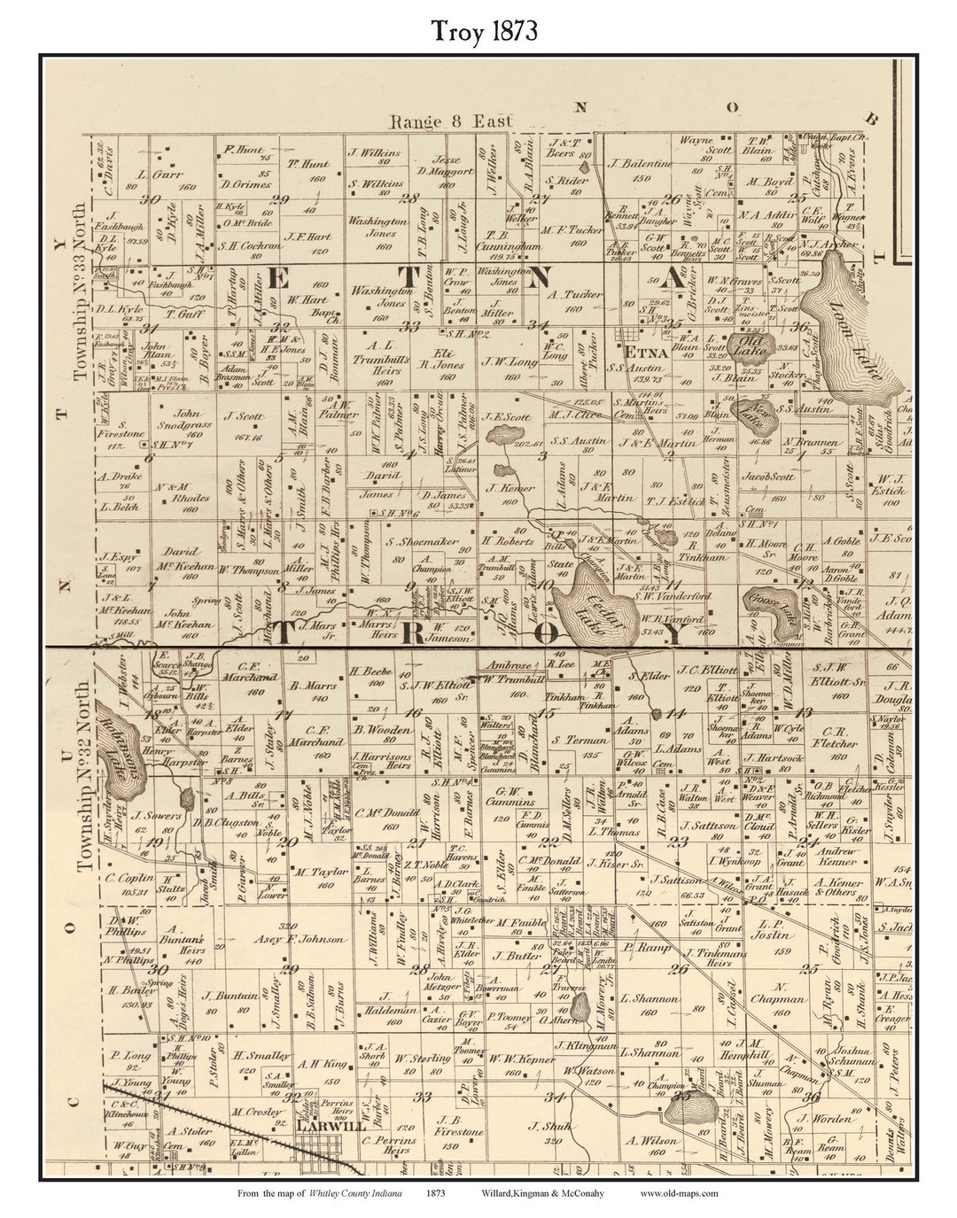 Troy 1873 Old Town Map With Homeowner Names Indiana - Reprint Genealogy ...