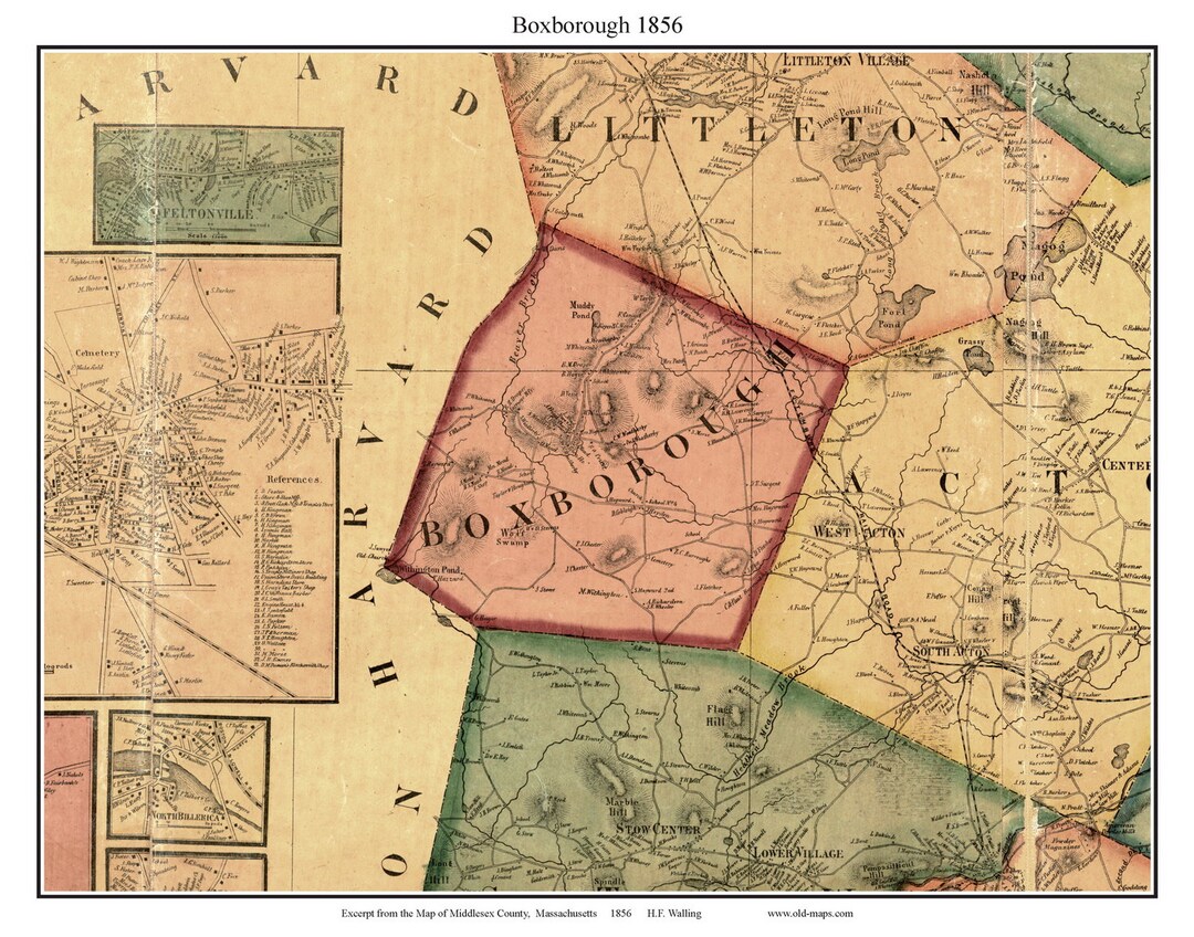 Boxborough 1856 Old Town Map With Homeowner Names Massachusetts Boxboro ...