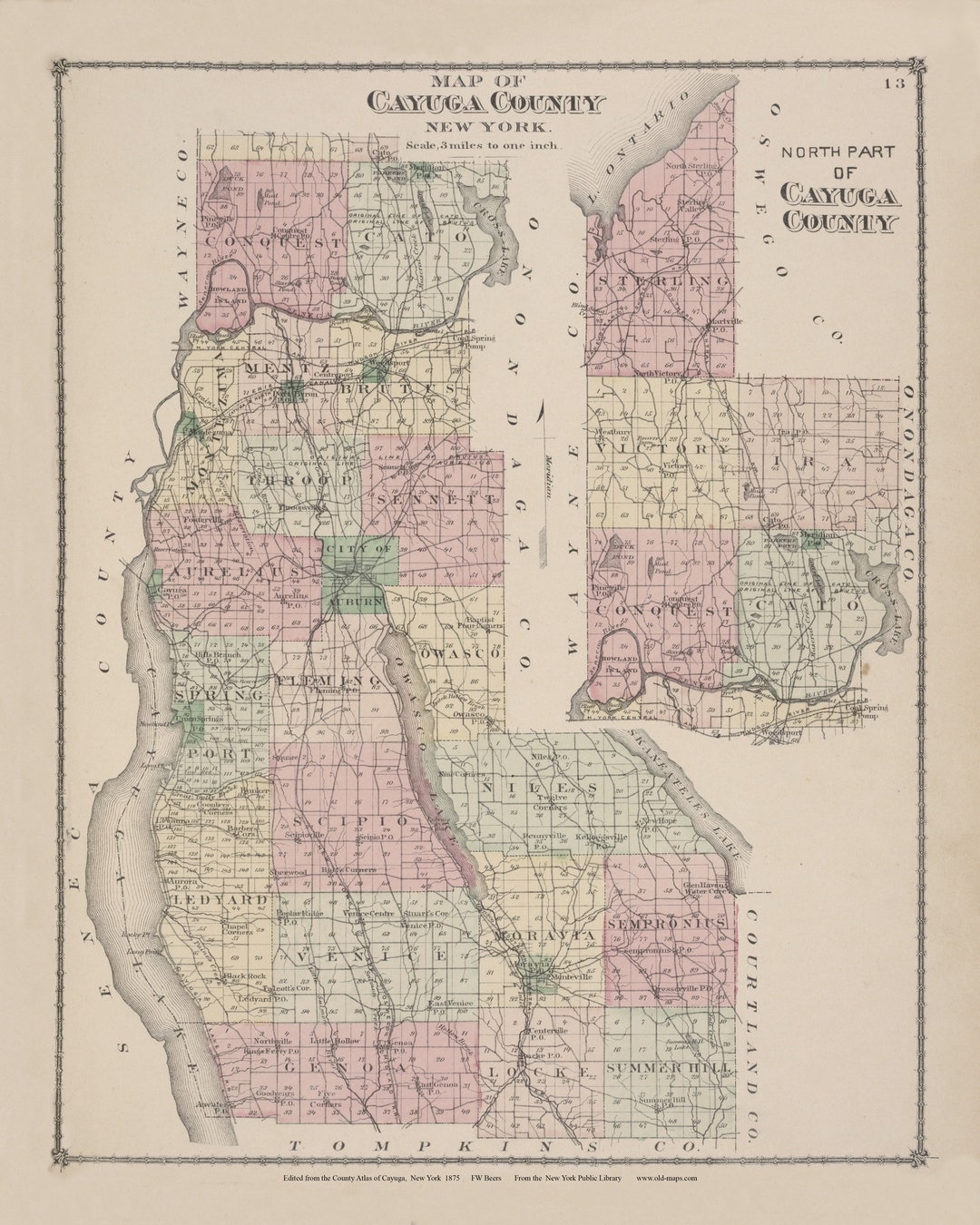 Cayuga County 1875 Map Reprint From the Cayuga Co Beers Atlas New York ...