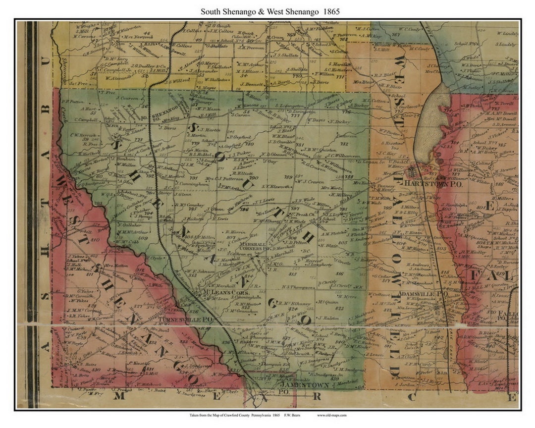 South & West Shenango 1865 Old Town Map With Homeowner Names ...