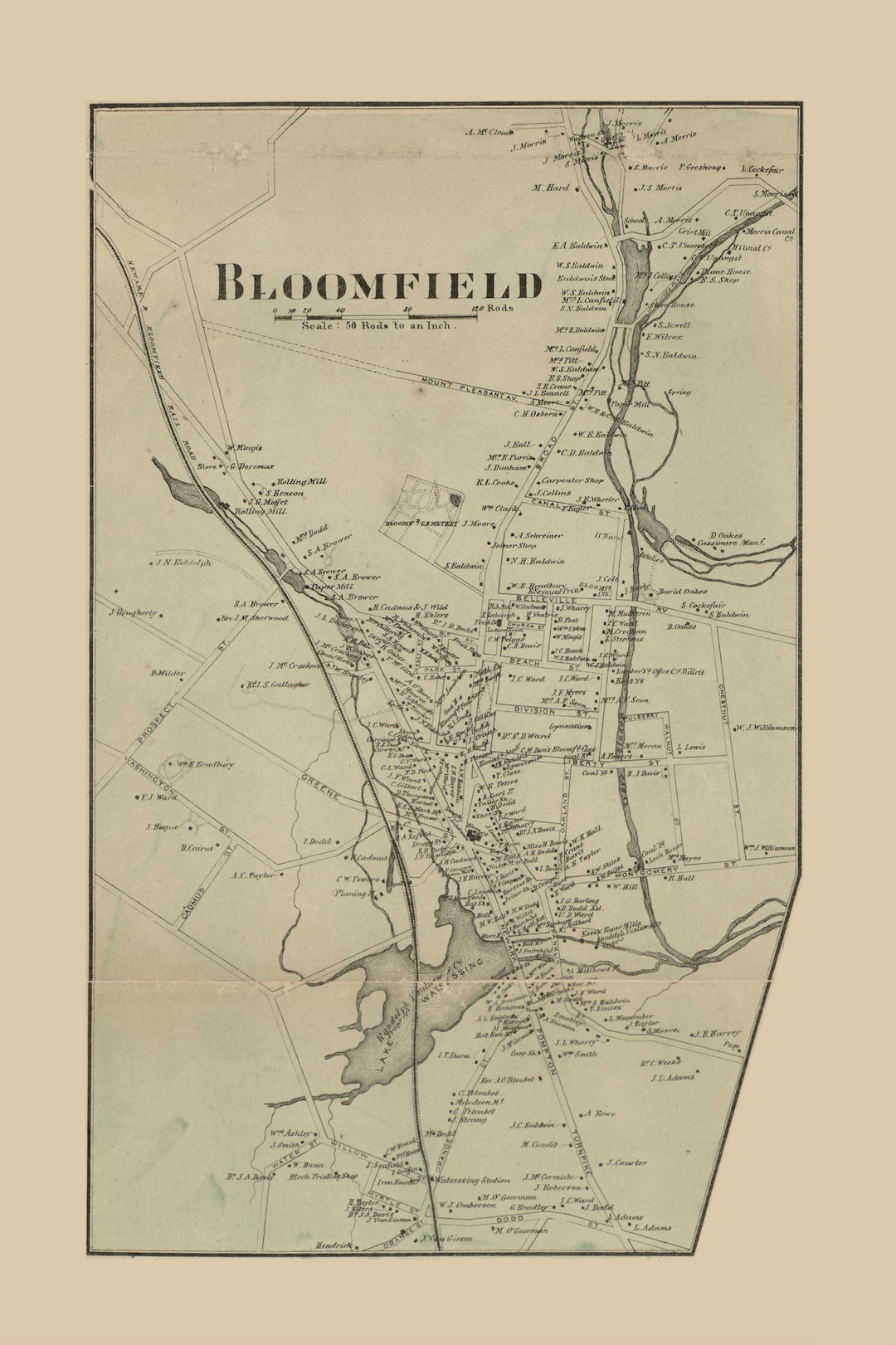Bloomfield Village 1859 Old Town Map With Homeowner Names New Jersey ...